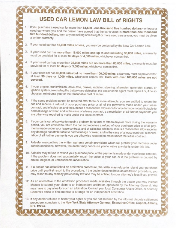 Lemon Law Warranty Form NYS - 100 CT | Automotive Dealer Supplies