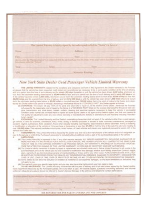 Lemon Law Warranty Form NYS - 100 CT | Automotive Dealer Supplies